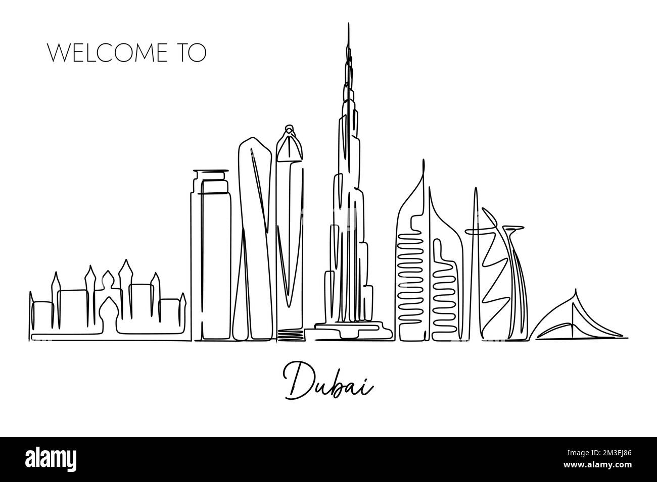 One continuous line drawing of Dubai city skyline. World Famous tourism ...