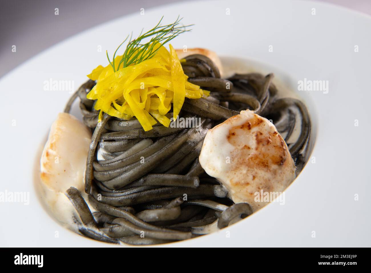 Recipe for Linguine Pasta with squid ink and scallops, yellow chioggia ...