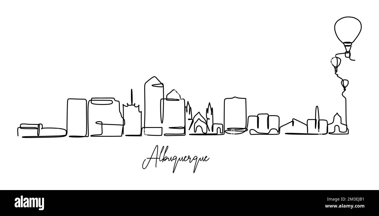 A single line drawing of Albuquerque cityscape, USA. A hand-drawn style ...