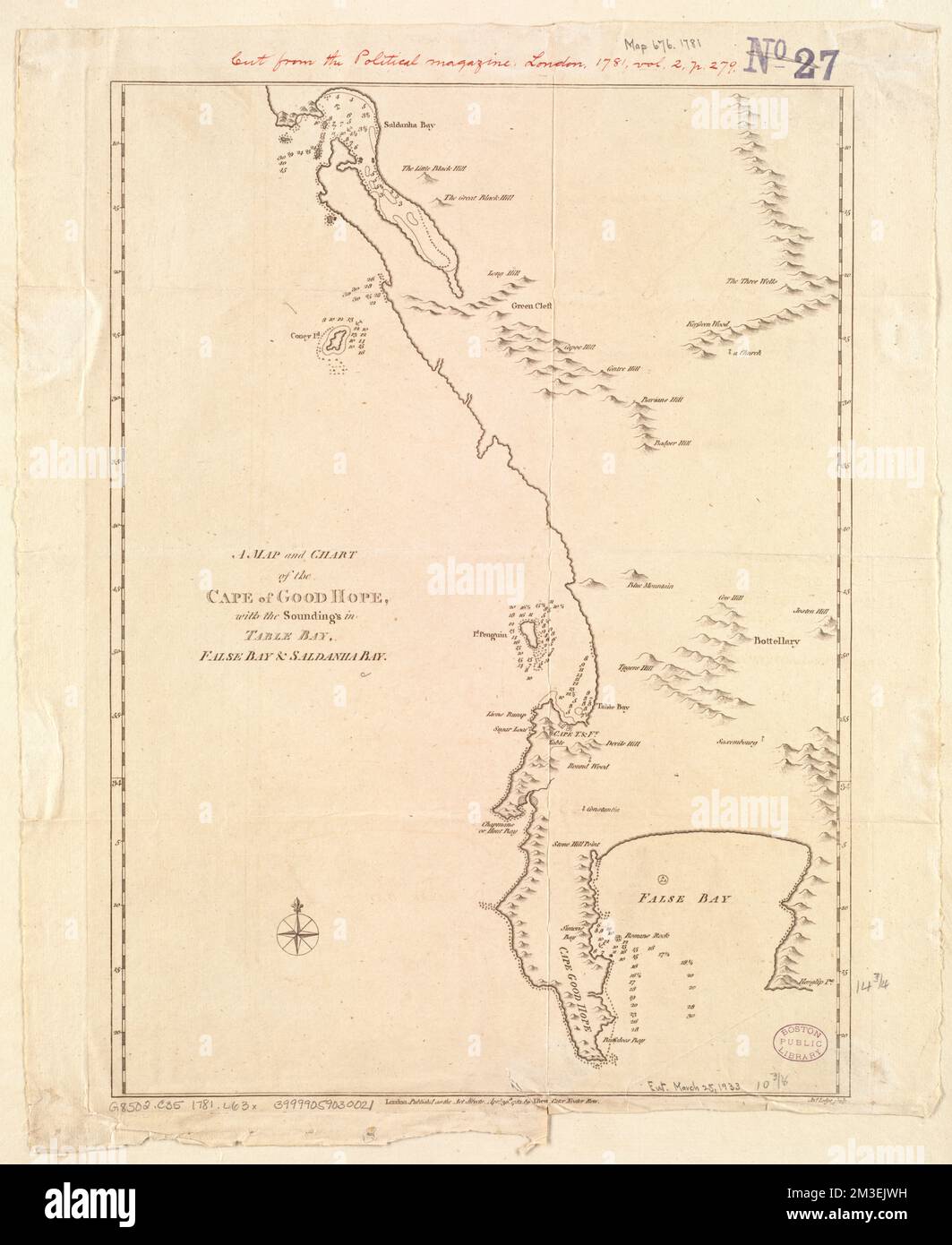 A Map and chart of the Cape of Good Hope, with the soundings in Table ...