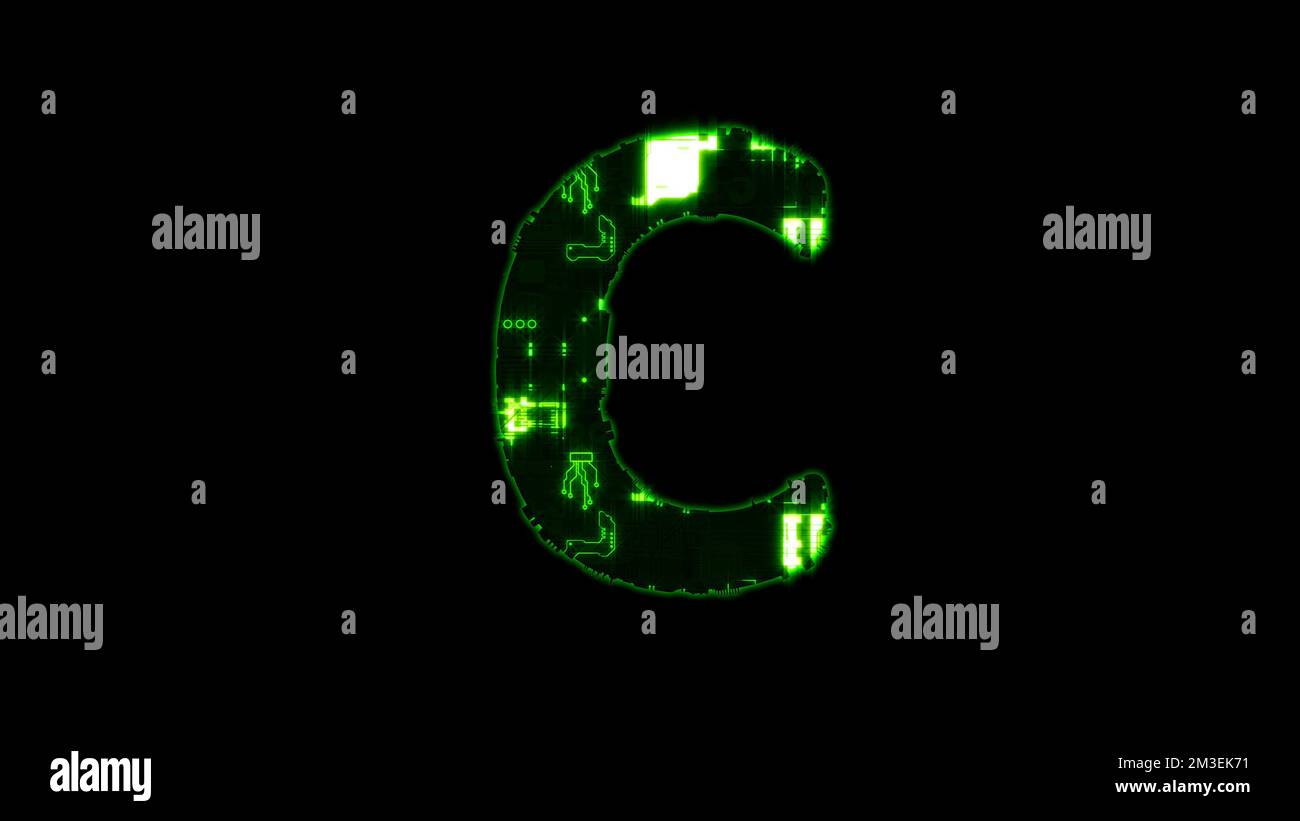 letter C, shining hi-tech digital cyber punk green alphabet on black ...