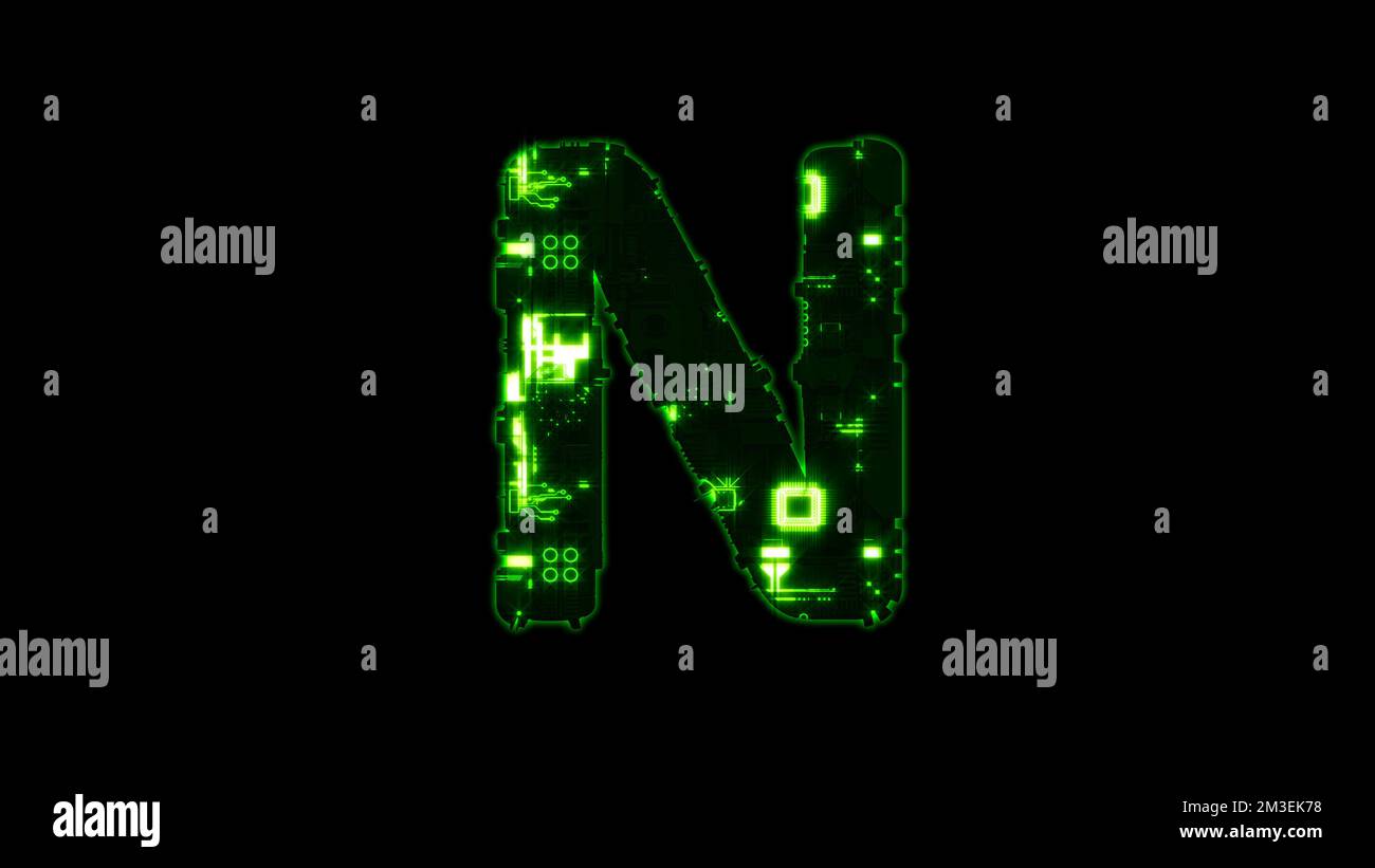 letter N, glowing hi-tech digital cyber punk green font on black ...