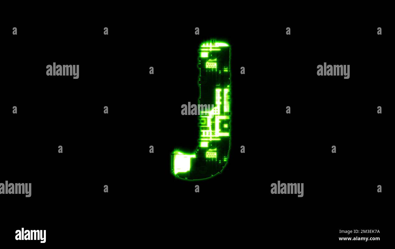 letter J, glowing hi-tech digital cyberpunk green font on black ...