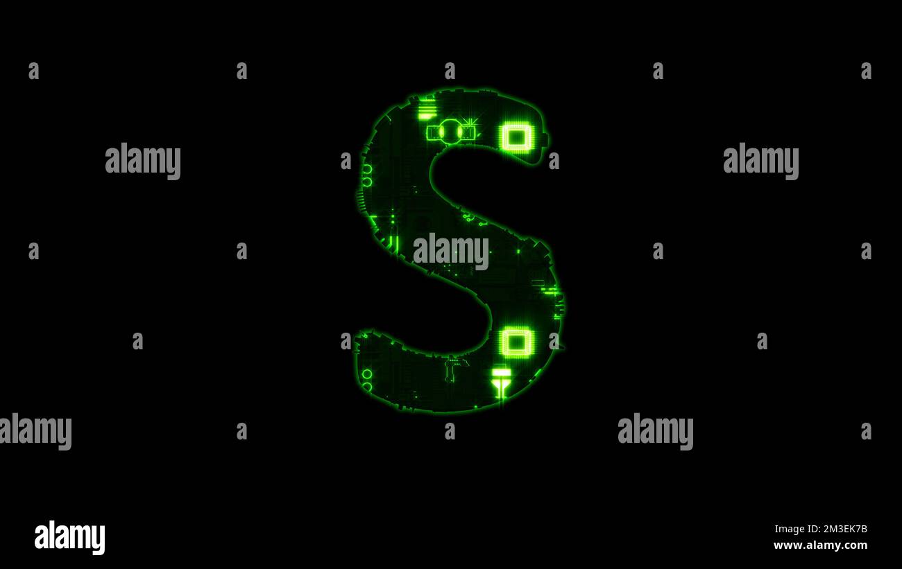 letter S, shining hi-tech digital cyberpunk green font on black ...
