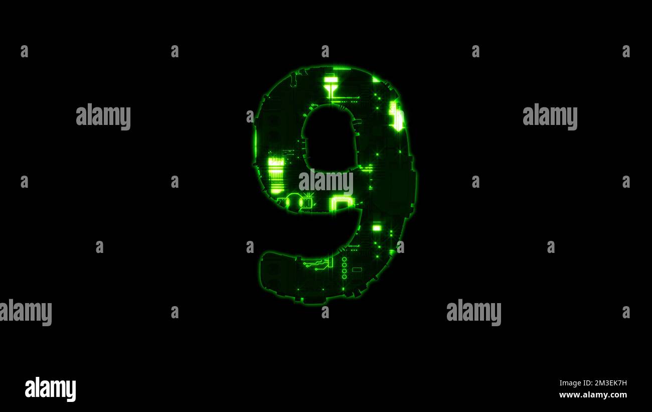 number 9, lighting high tech digital cyberpunk green alphabet on black ...