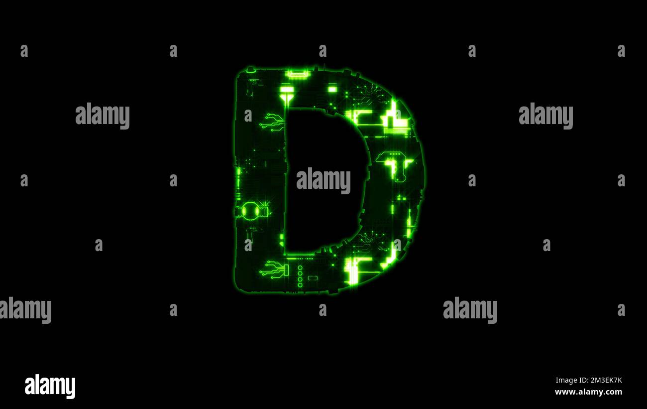 letter D, shining hi-tech digital cyber punk green alphabet on black ...