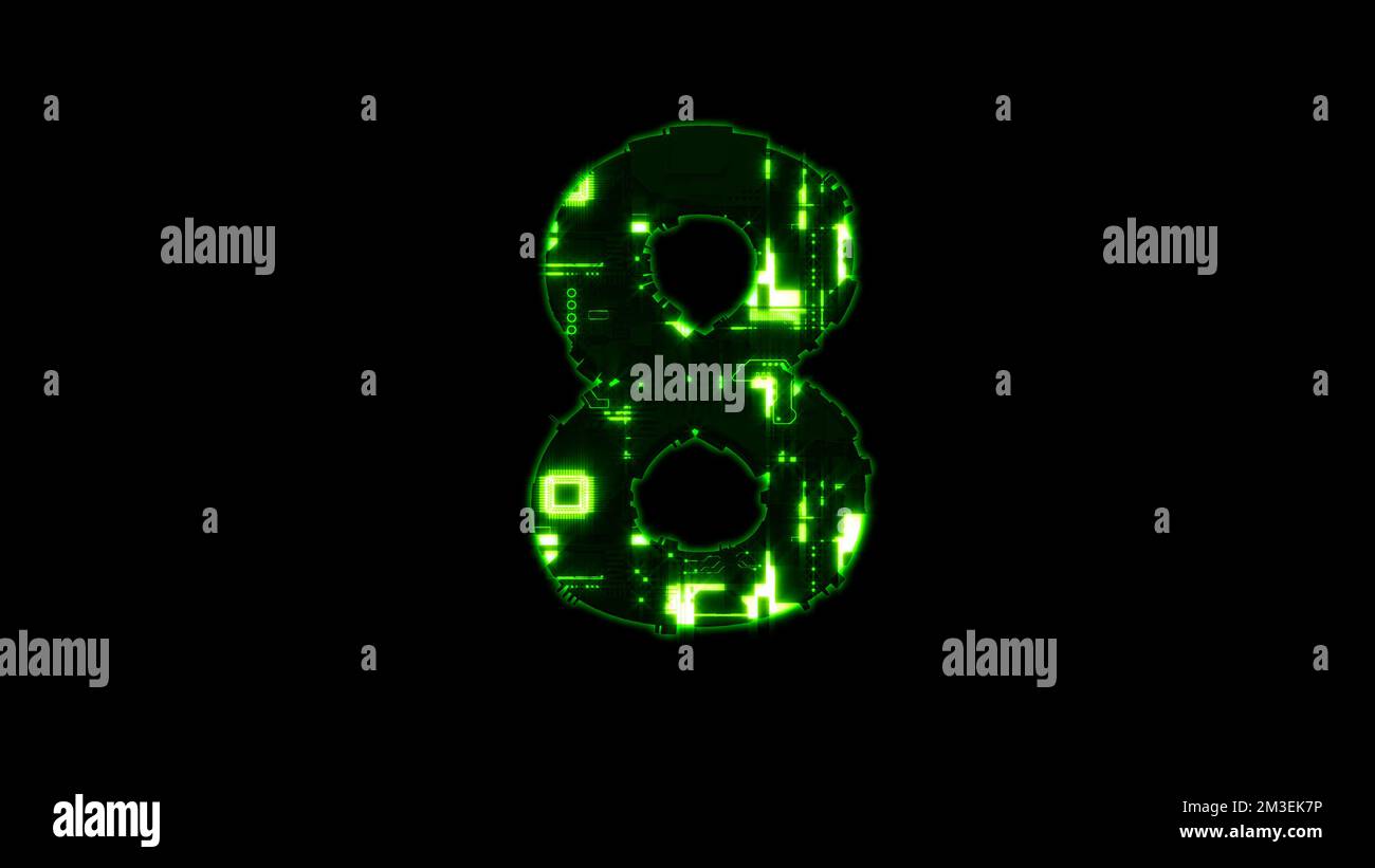 number 8, glowing high tech digital cyberpunk green font on black ...