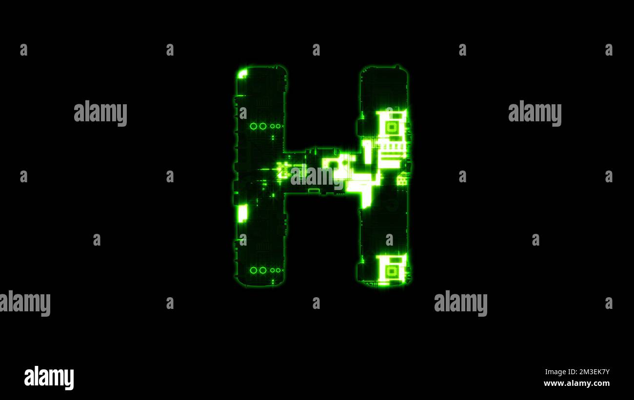 letter H, lighting high tech digital cyberpunk green font on black ...
