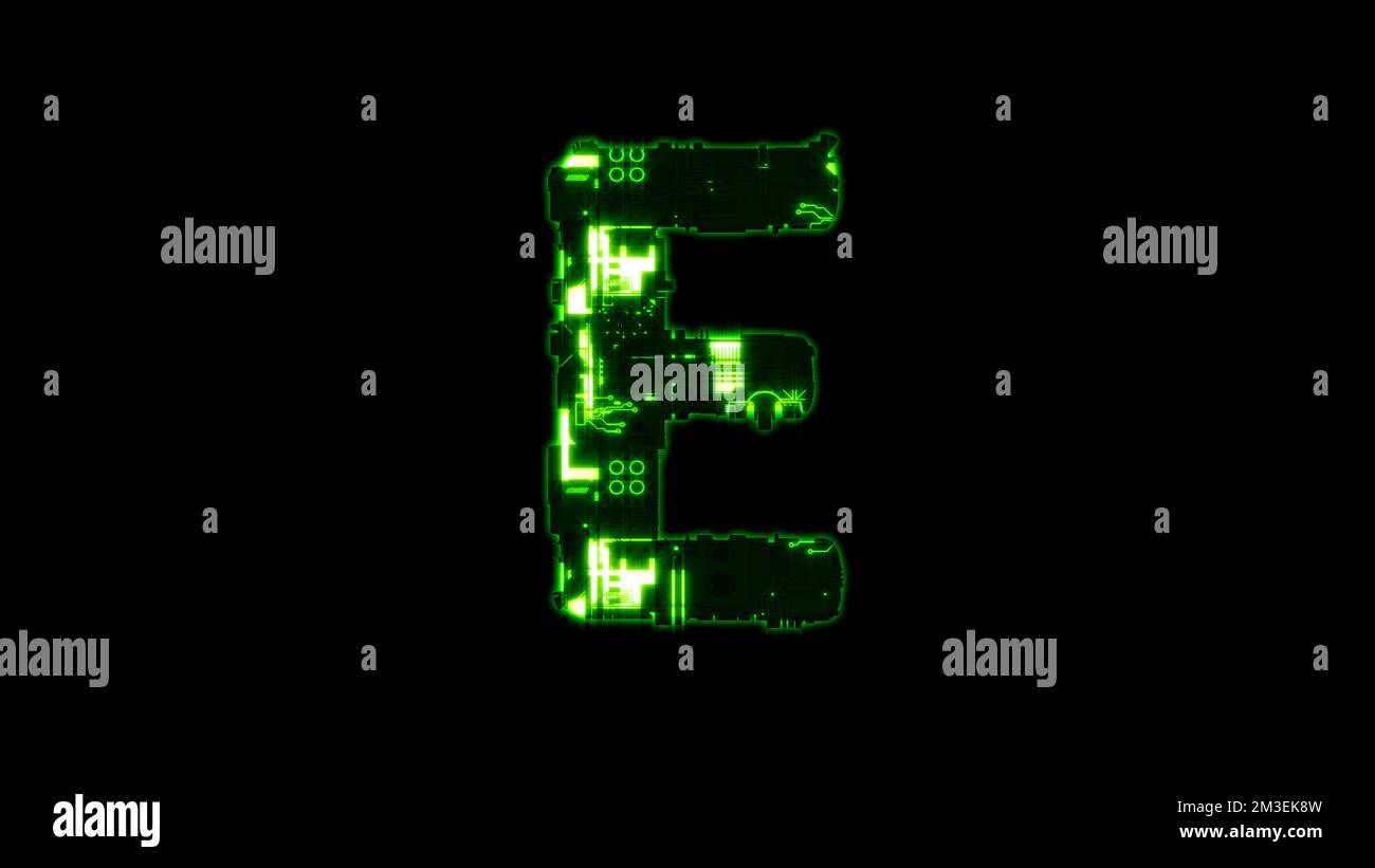 letter E, lighting hi-tech digital cyberpunk green alphabet on black ...