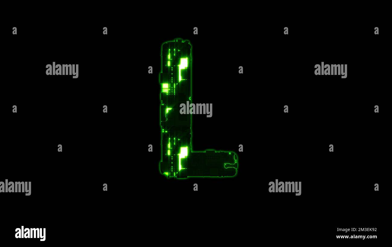 letter L, shining hi-tech digital cyberpunk green alphabet on black ...