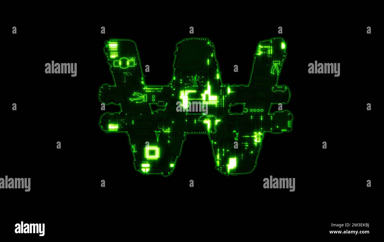 won sign, shining hi-tech digital cyberpunk green alphabet on black ...