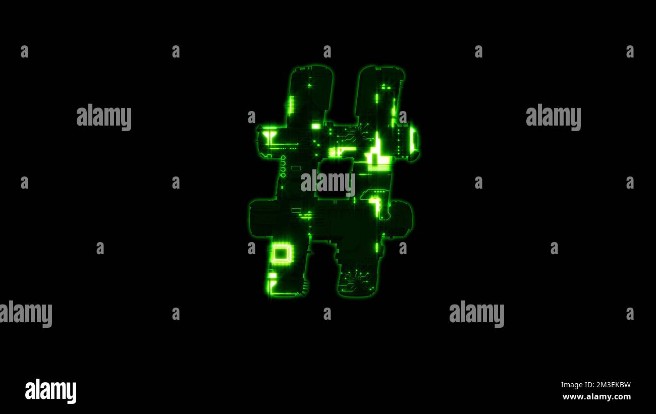 number sign, glowing hi-tech digital cyberpunk green font on black ...