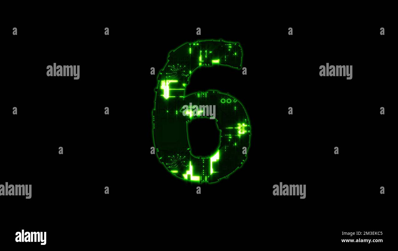 number 6, shining high tech digital cyber punk green alphabet on black ...