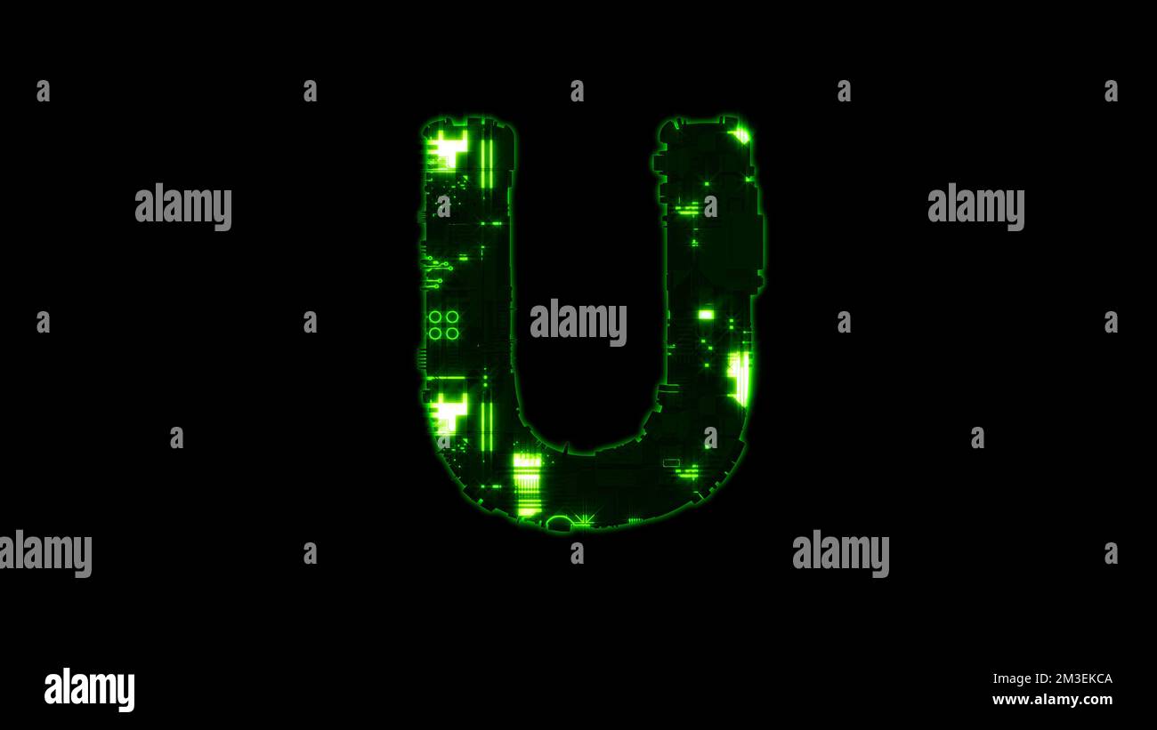 letter U, lighting hi-tech digital cyberpunk green alphabet on black ...