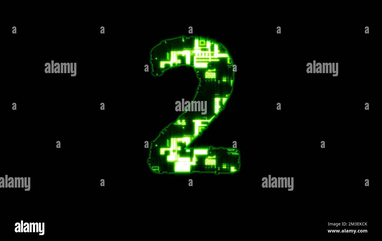 number 2, shining high tech digital cyber punk green alphabet on black ...