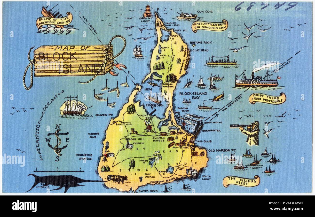 Map of Block Island , Tichnor Brothers Collection, postcards of the ...