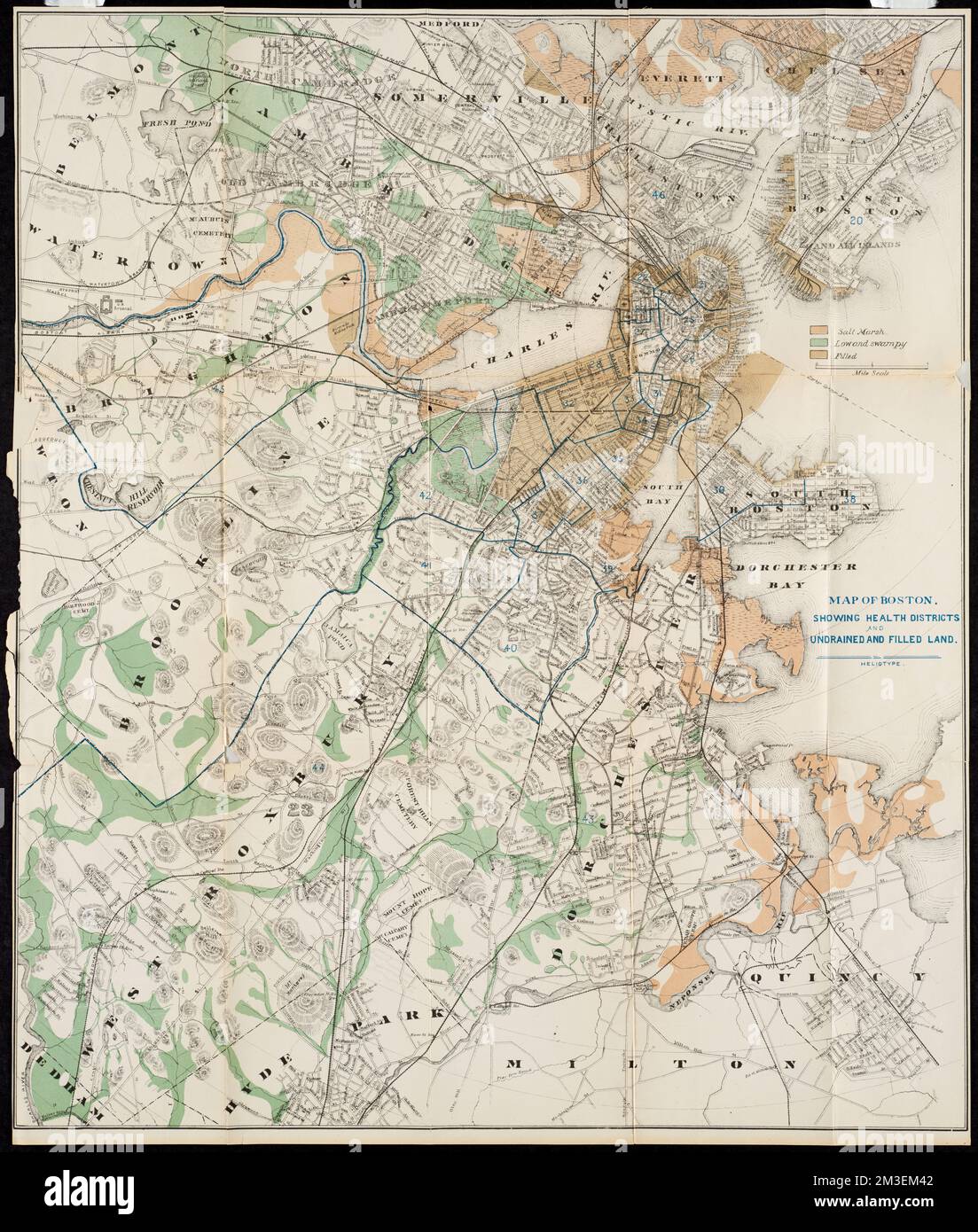 Map of Boston : showing health districts and undrained and drained land ...