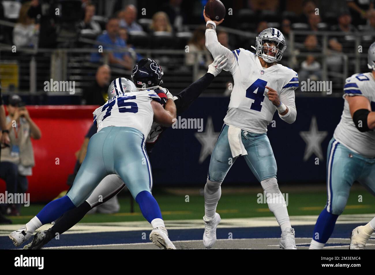 Houston Texans linebacker Christian Harris (48) hits the arm of Dallas ... Houston Texans linebacker Christian Harris (48) hits the arm of Dallas ...