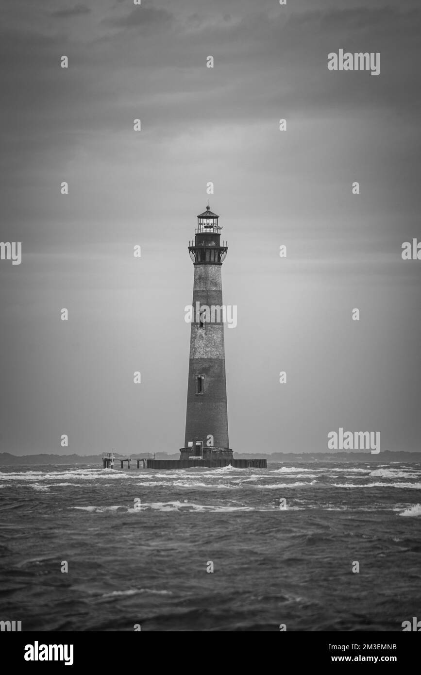 A greyscale shot of the Morris Island Lighthouse Stock Photo - Alamy