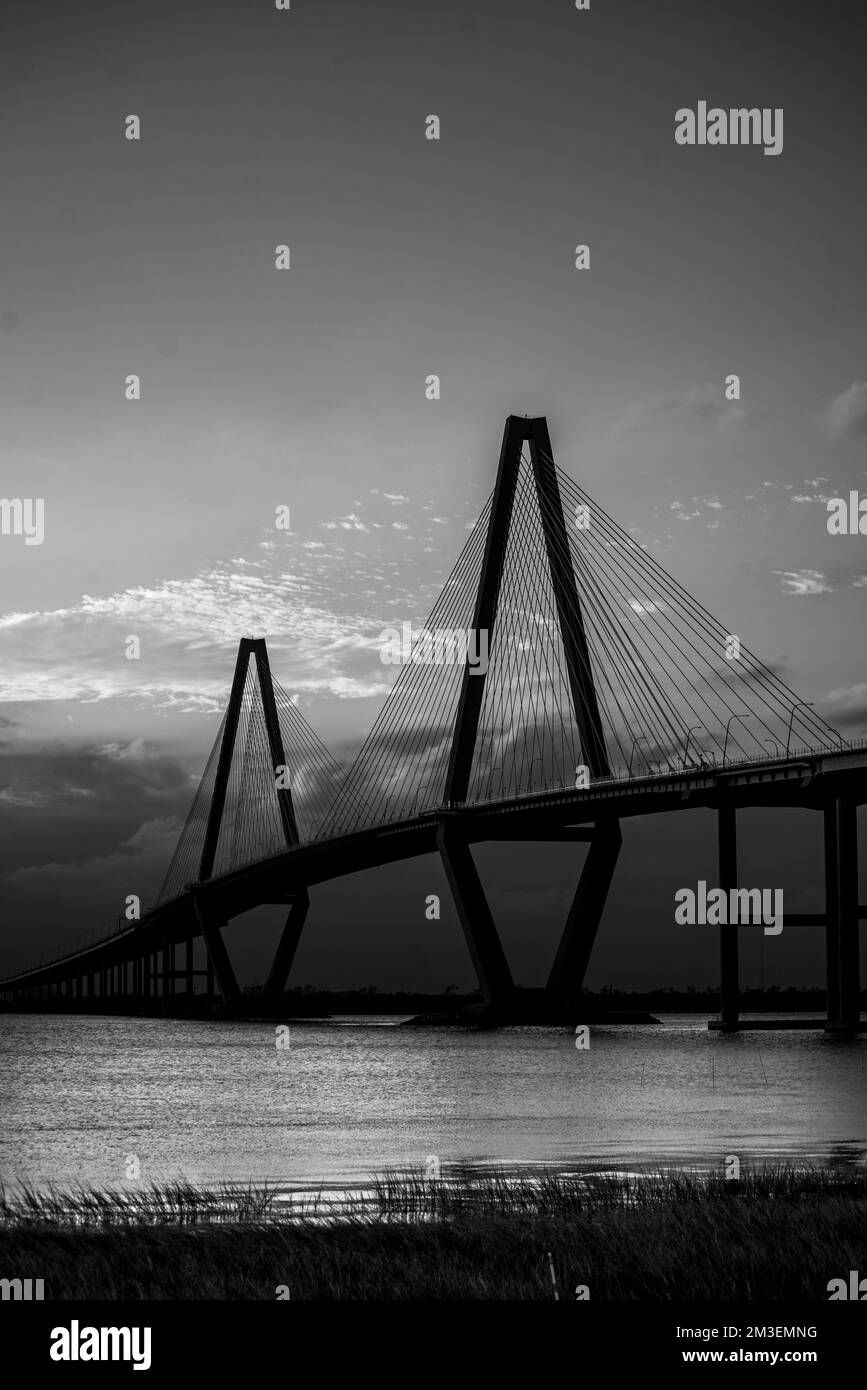A greyscale shot of the Arthur Ravenel Jr Bridge in Charleston, Mount ...