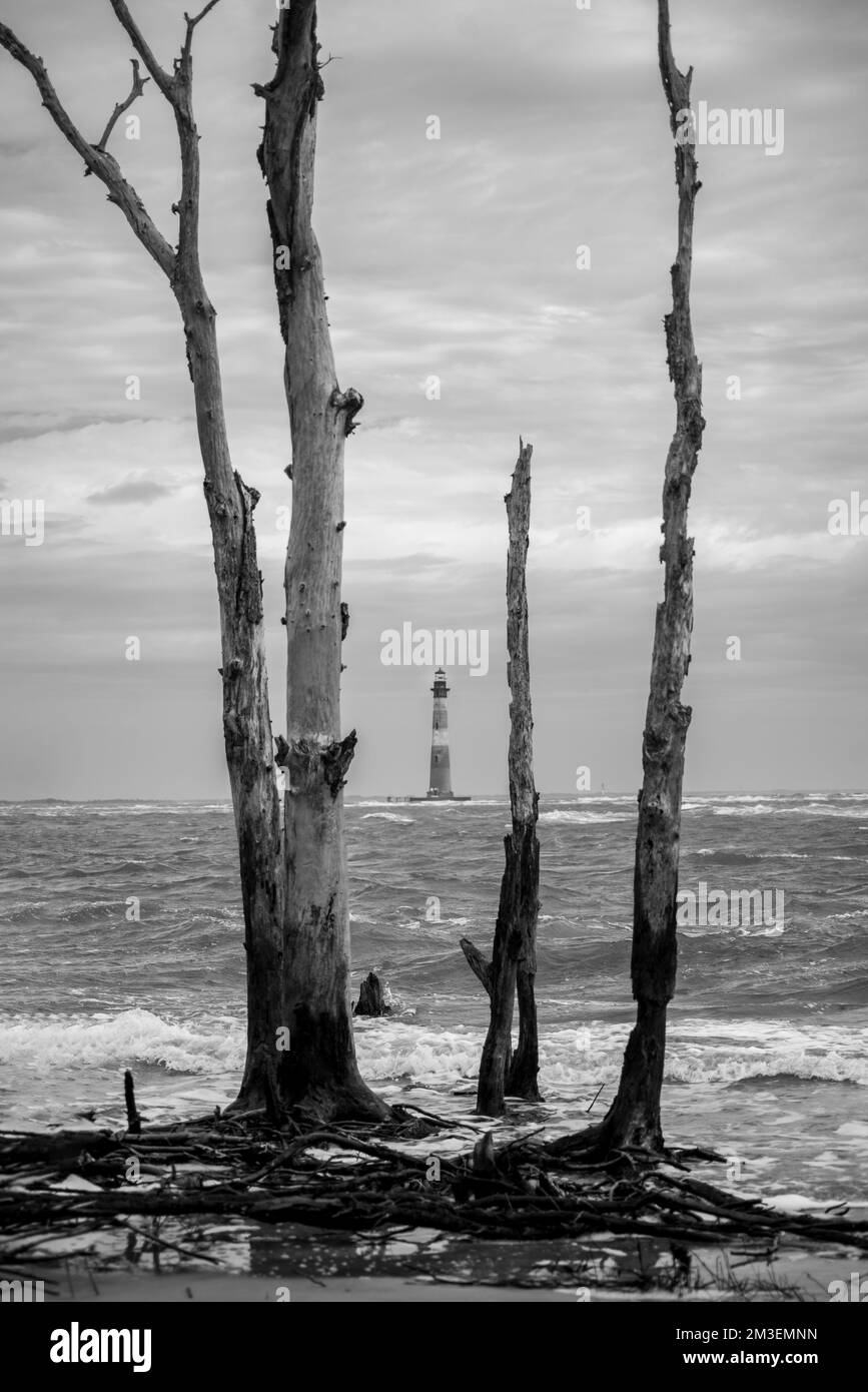 A greyscale shot of the Morris Island Lighthouse Stock Photo - Alamy