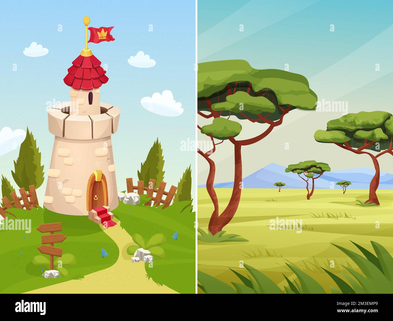 Africa Savannah landscape, safari with grass, trees, mountains, summer ...