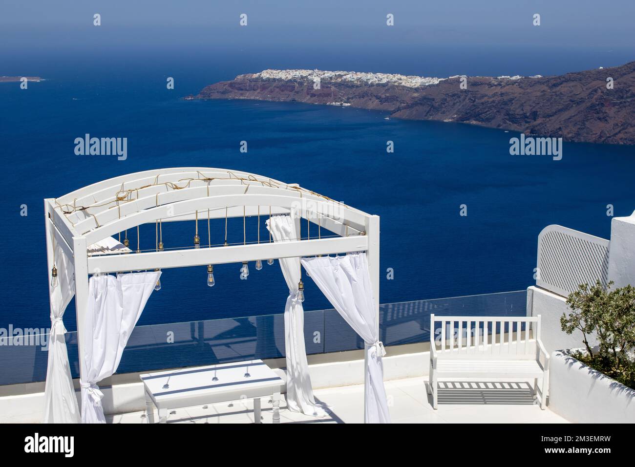 A high-angle of a wedding canopy with seascape background ,Santorini ...