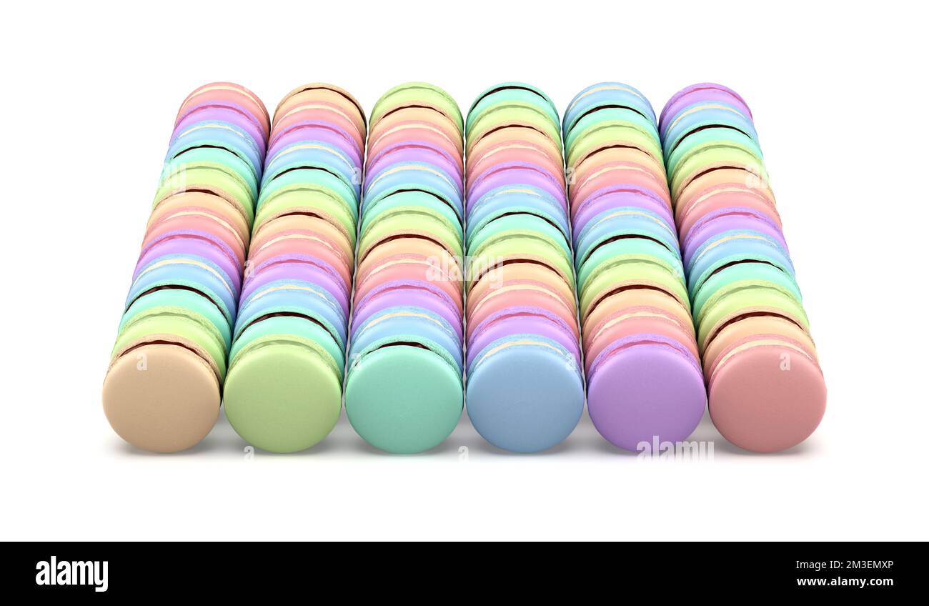 Many rows with colorful french macarons on white background Stock Photo ...