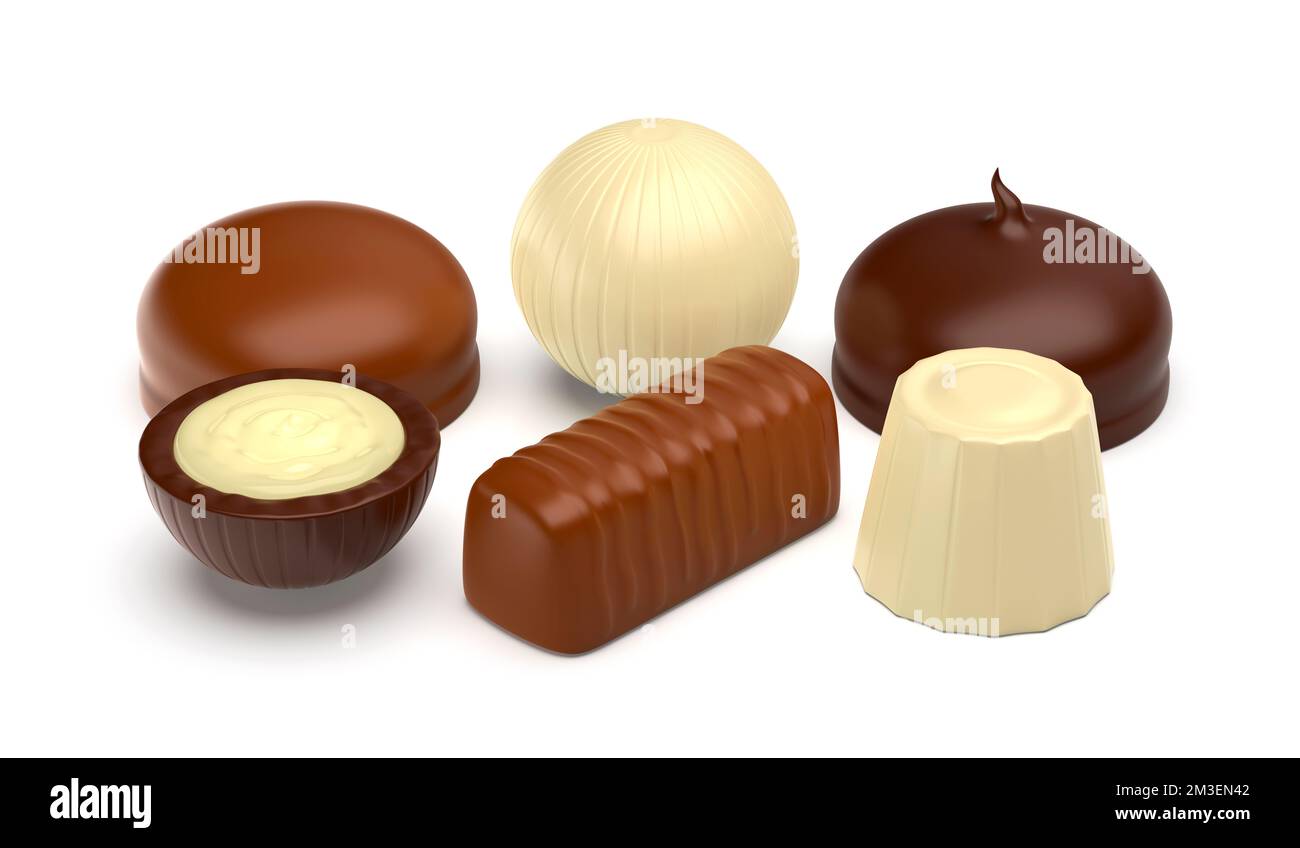 Six different chocolate candies on white background Stock Photo - Alamy