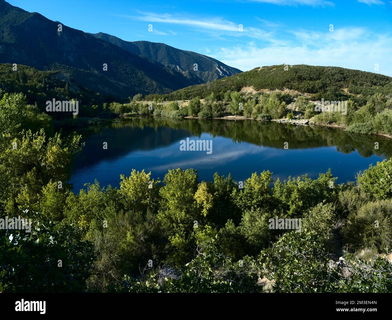 A high-angle of Bells canyon in Lower Reservoir, water reflecting ...