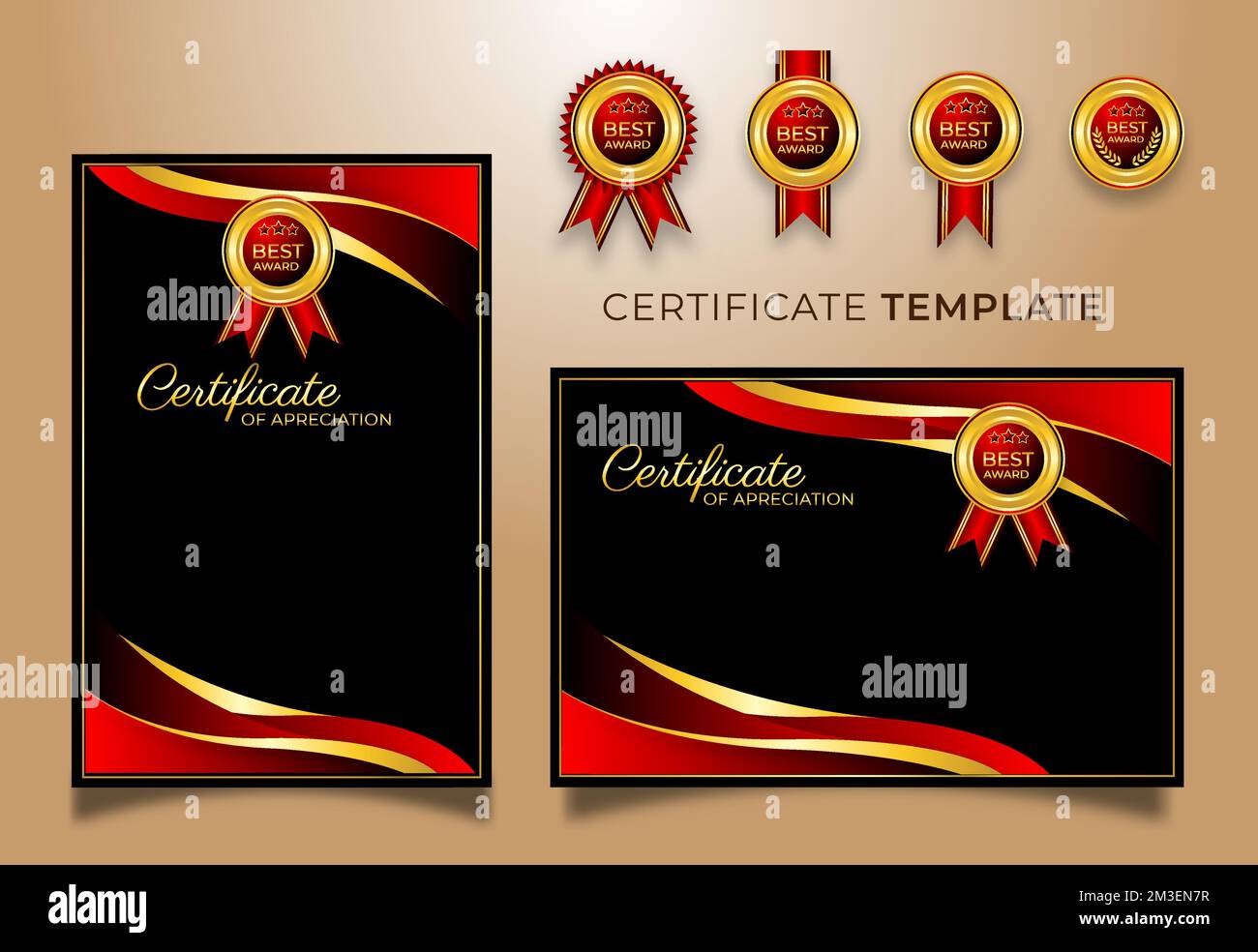 A pack of certificate logo design with red and golden colors on the ...