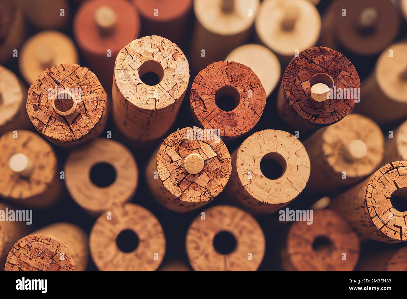 a pile of wooden spools sitting next to each other on a table top in a ...