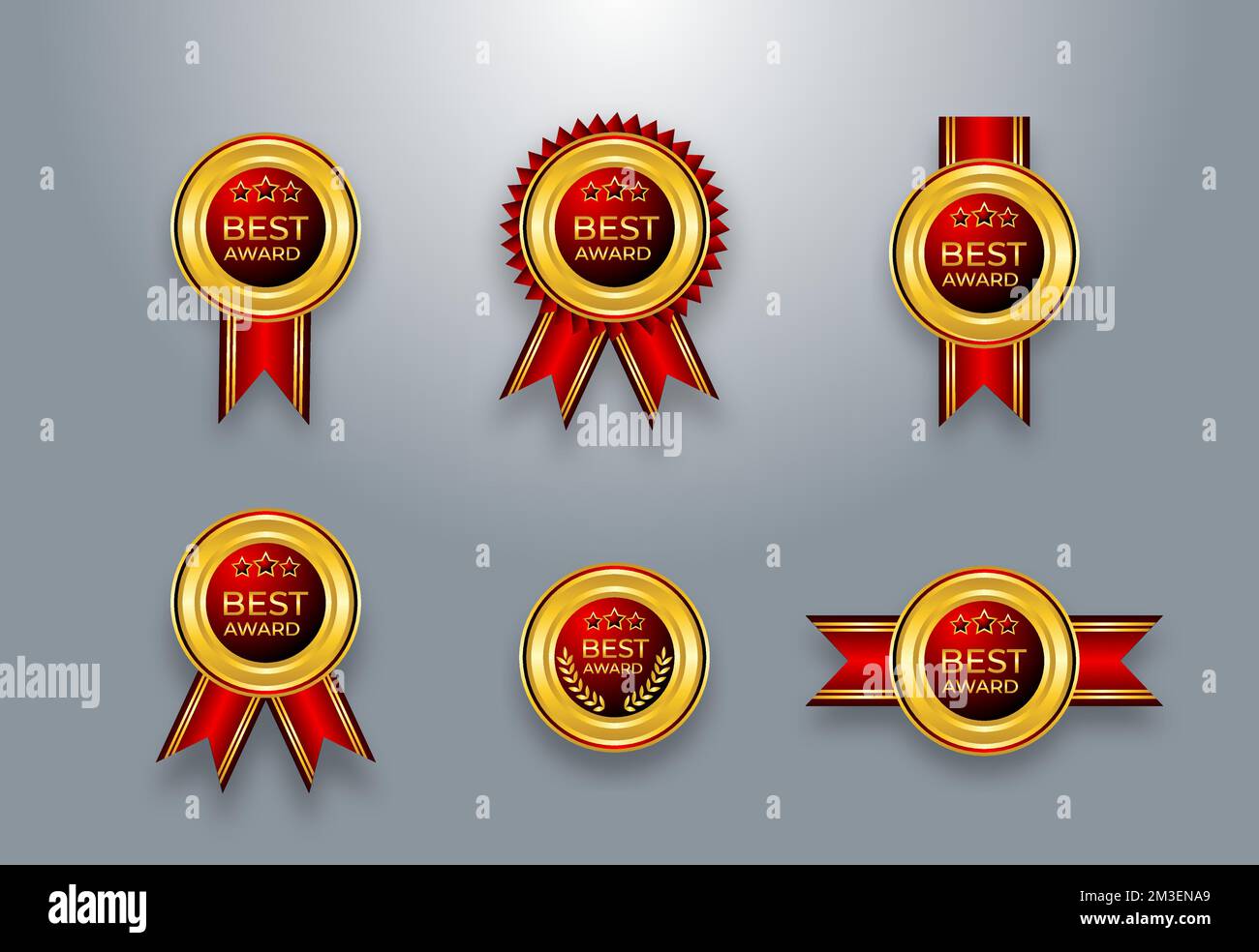A pack of red and golden award ribbons on the gray background Stock ...