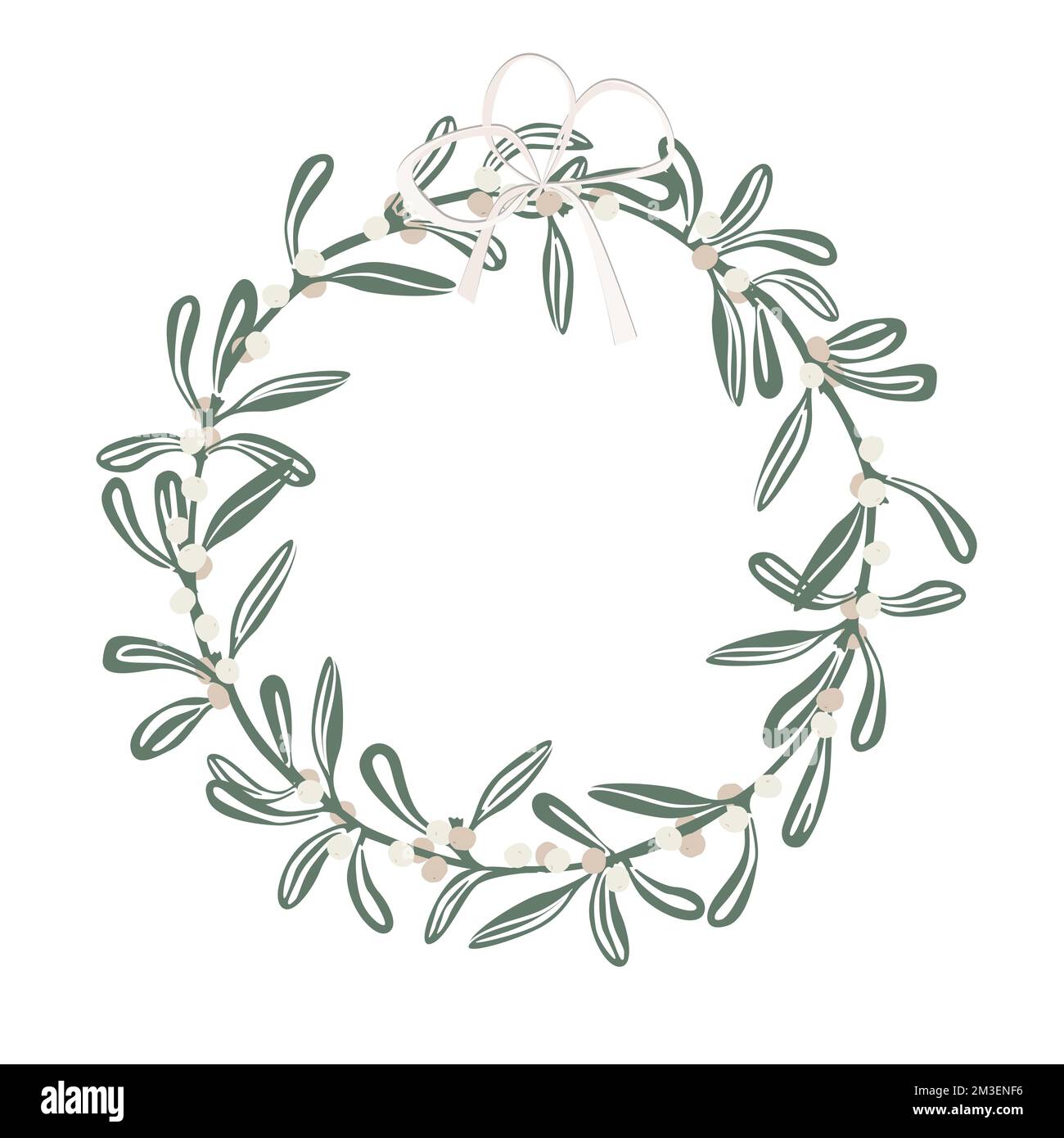 Christmas wreath with mistletoe branches and ribbon bow. Vector ...