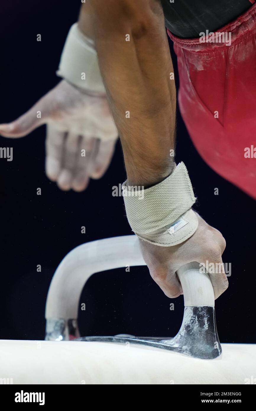 A close up of a gymnastÕs hands during a pommel horse routine Stock ...
