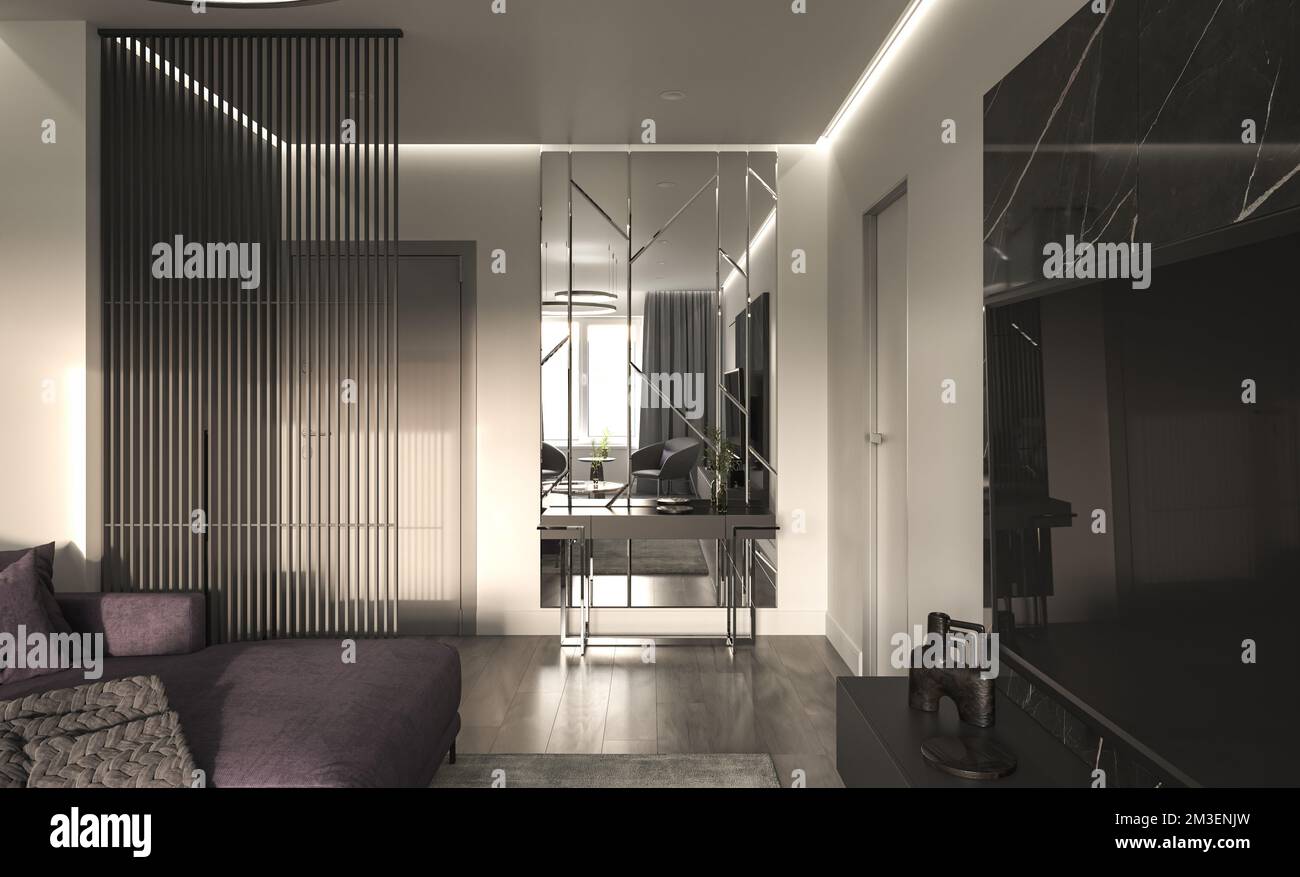 Living room interior with decorative partition, mirror, wardrobe and ...