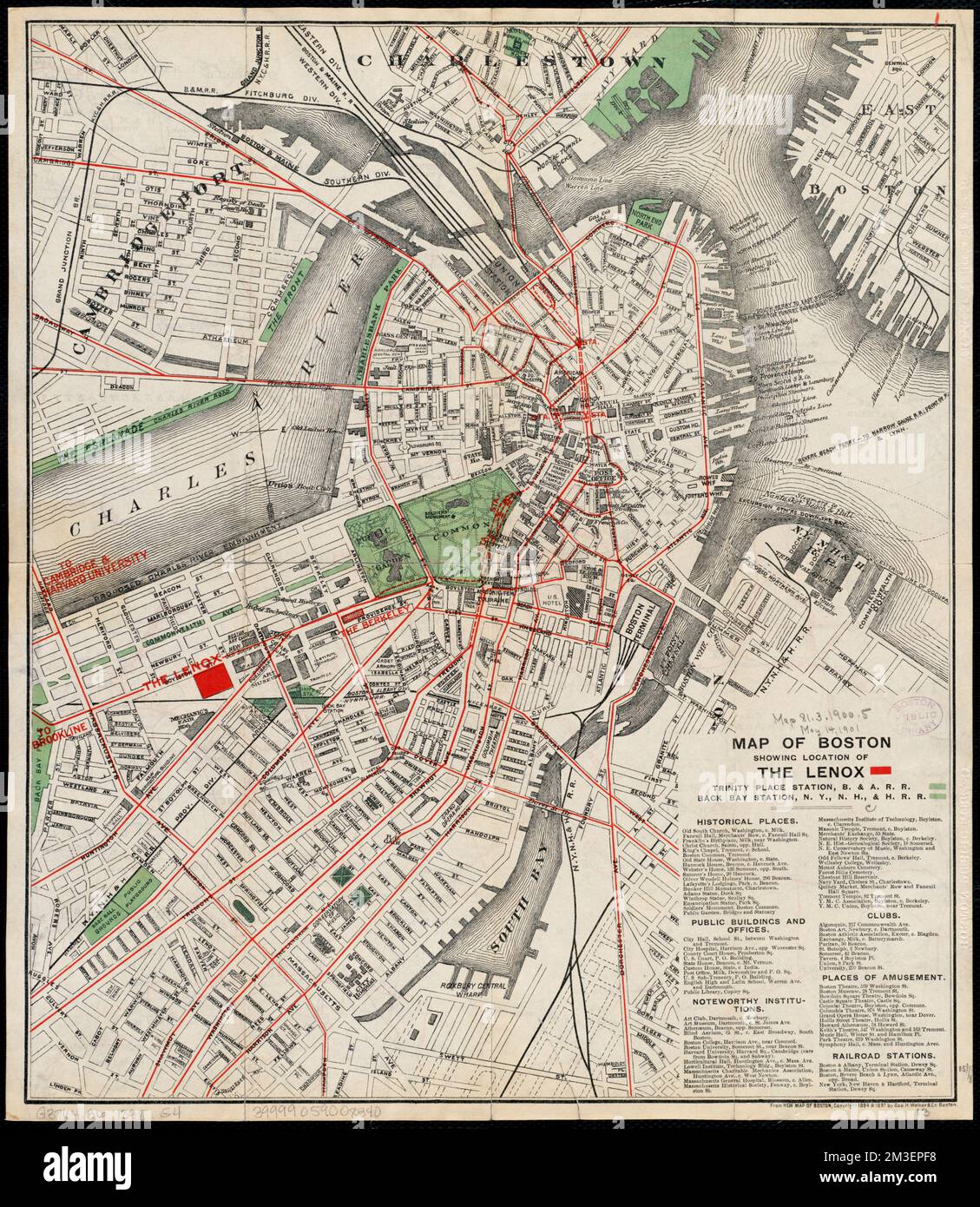 Map of Boston showing location of the Lenox , Hotels, Massachusetts ...