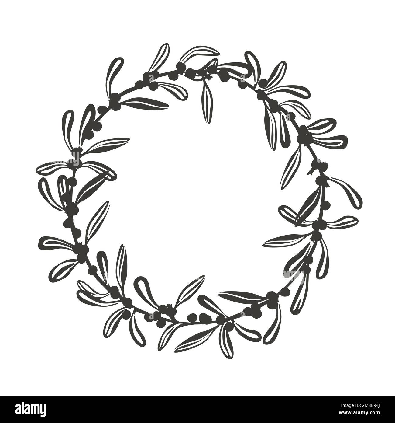 Christmas wreath with mistletoe branches, black outline silhouette ...