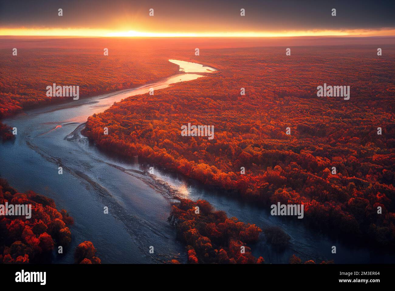 a river running through a lush green forest covered in orange trees at ...
