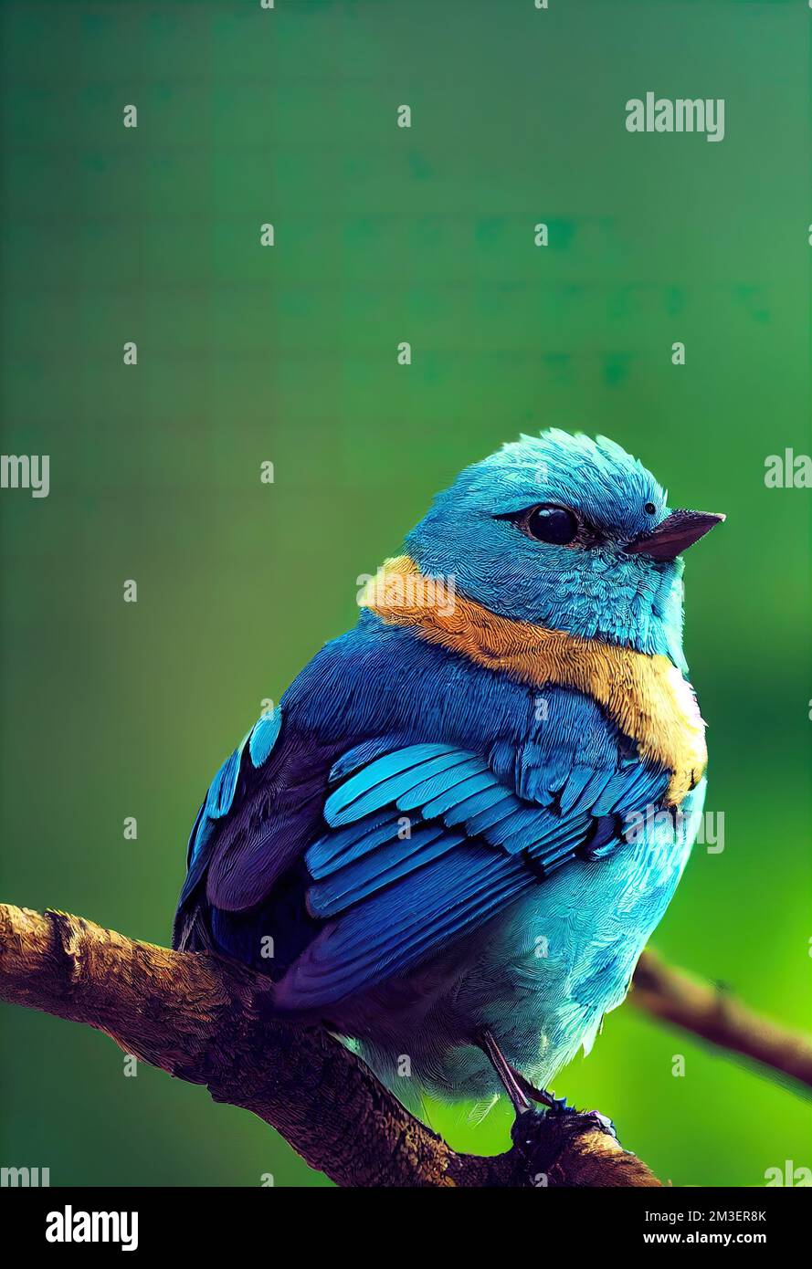 a blue bird with yellow on its chest sitting on a branch of a tree ...