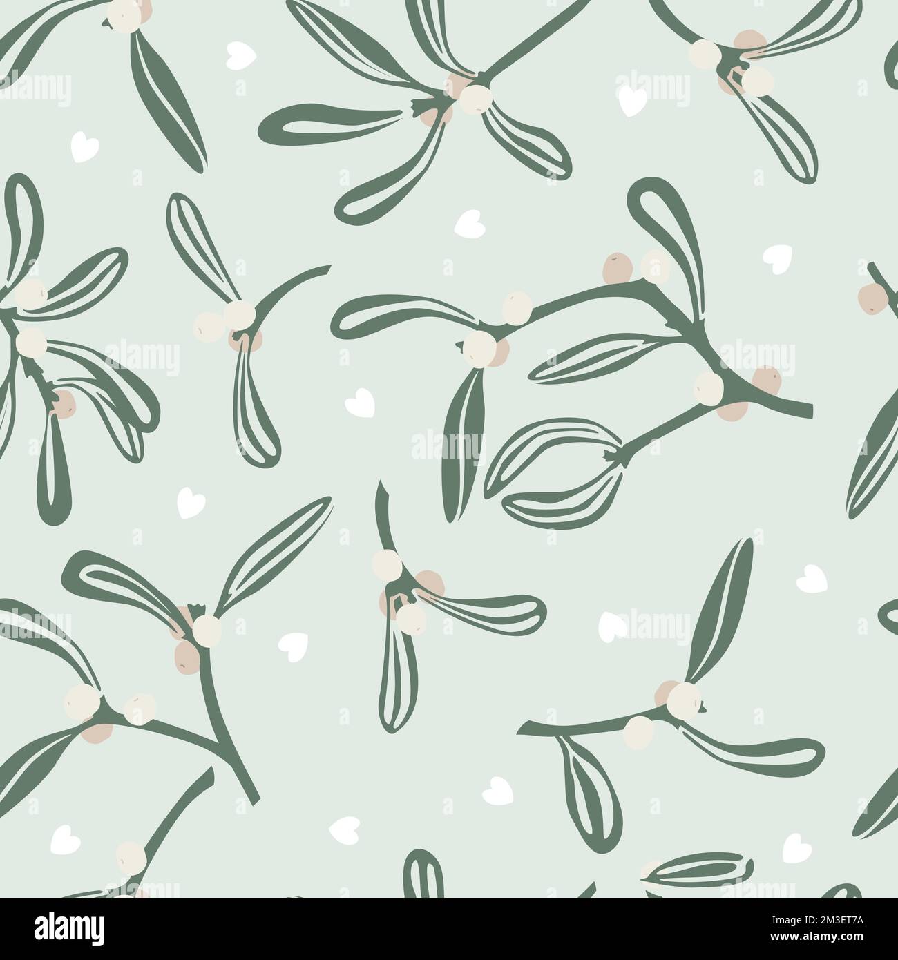 Mistletoe branches and cute hearts vector seamless pattern. White ...