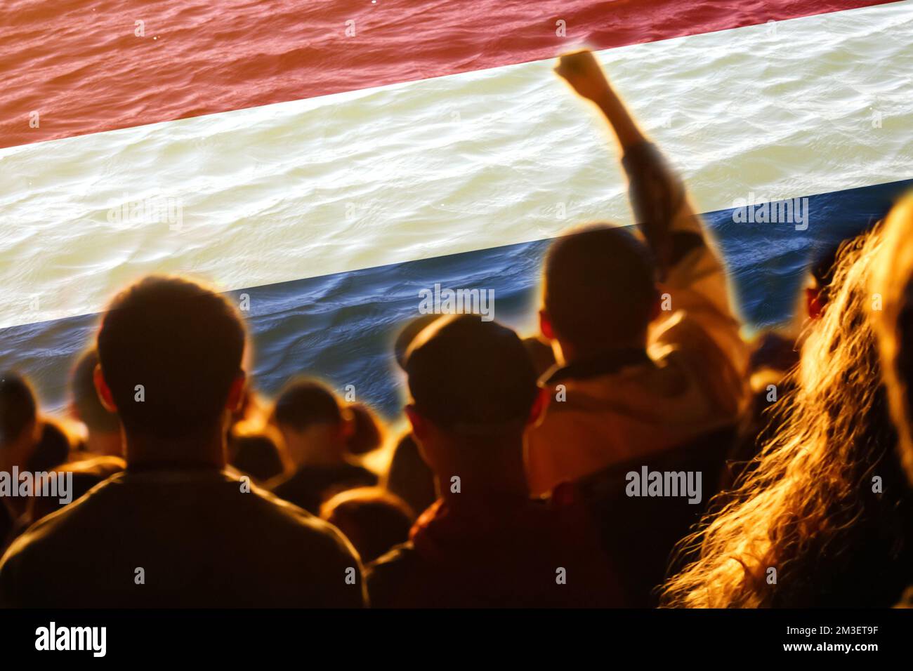 Defocus Netherlands football team. supporters on stadium. Holland flag ...