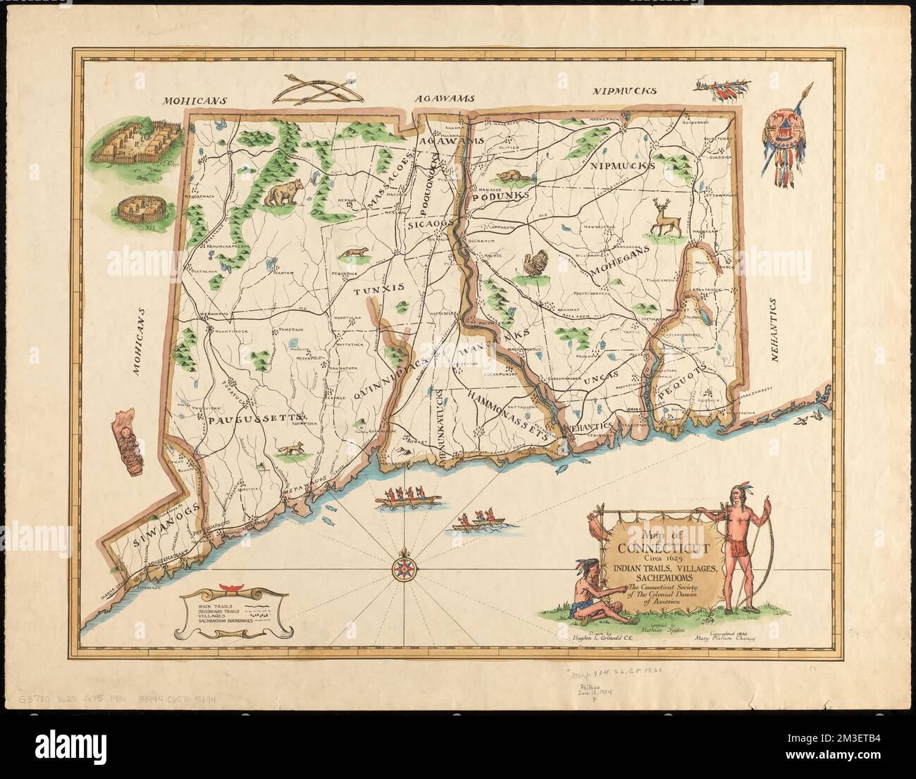 Map of Connecticut, circa 1625, Indian trails, villages, sachemdoms ...