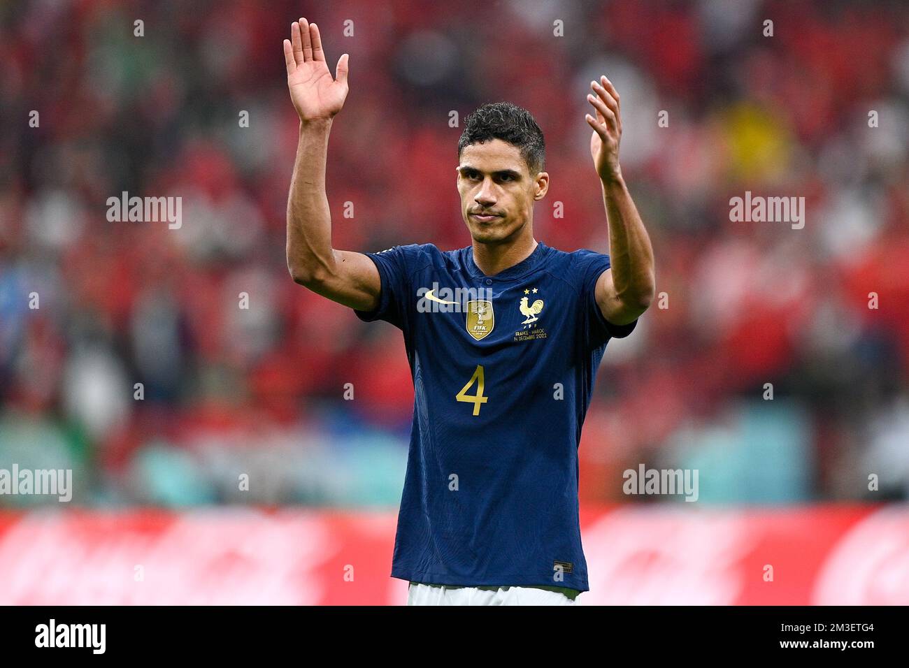 AL KHOR, QATAR - DECEMBER 14: Raphael Varane of France reacts during ...