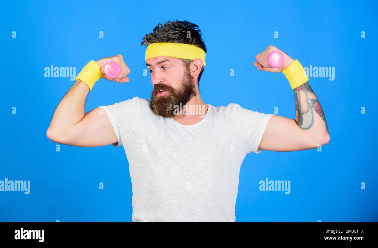 Join my sport class. Sportsman retro outfit training blue background ...