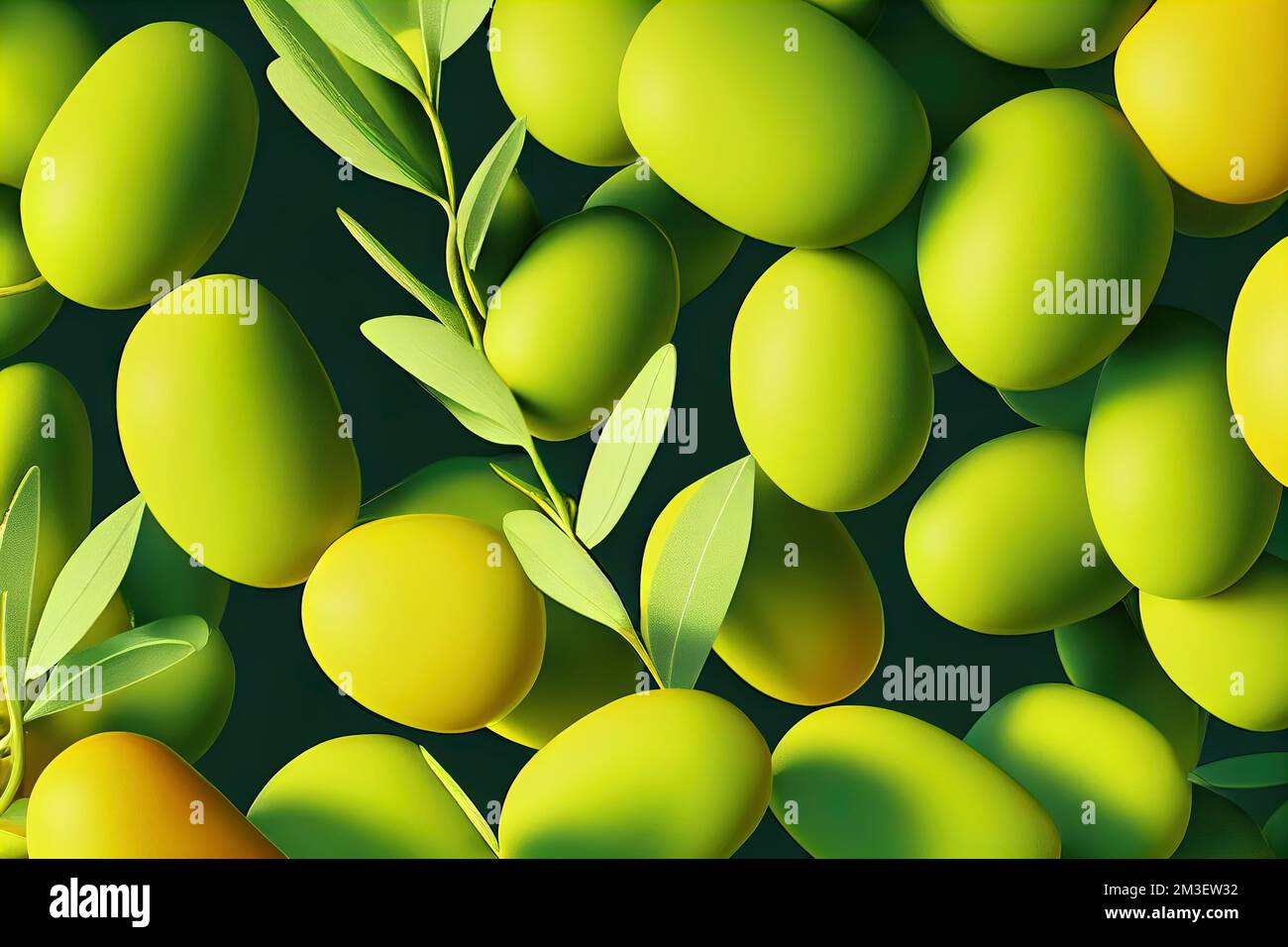 a bunch of green olives with leaves on them are shown in this image ...