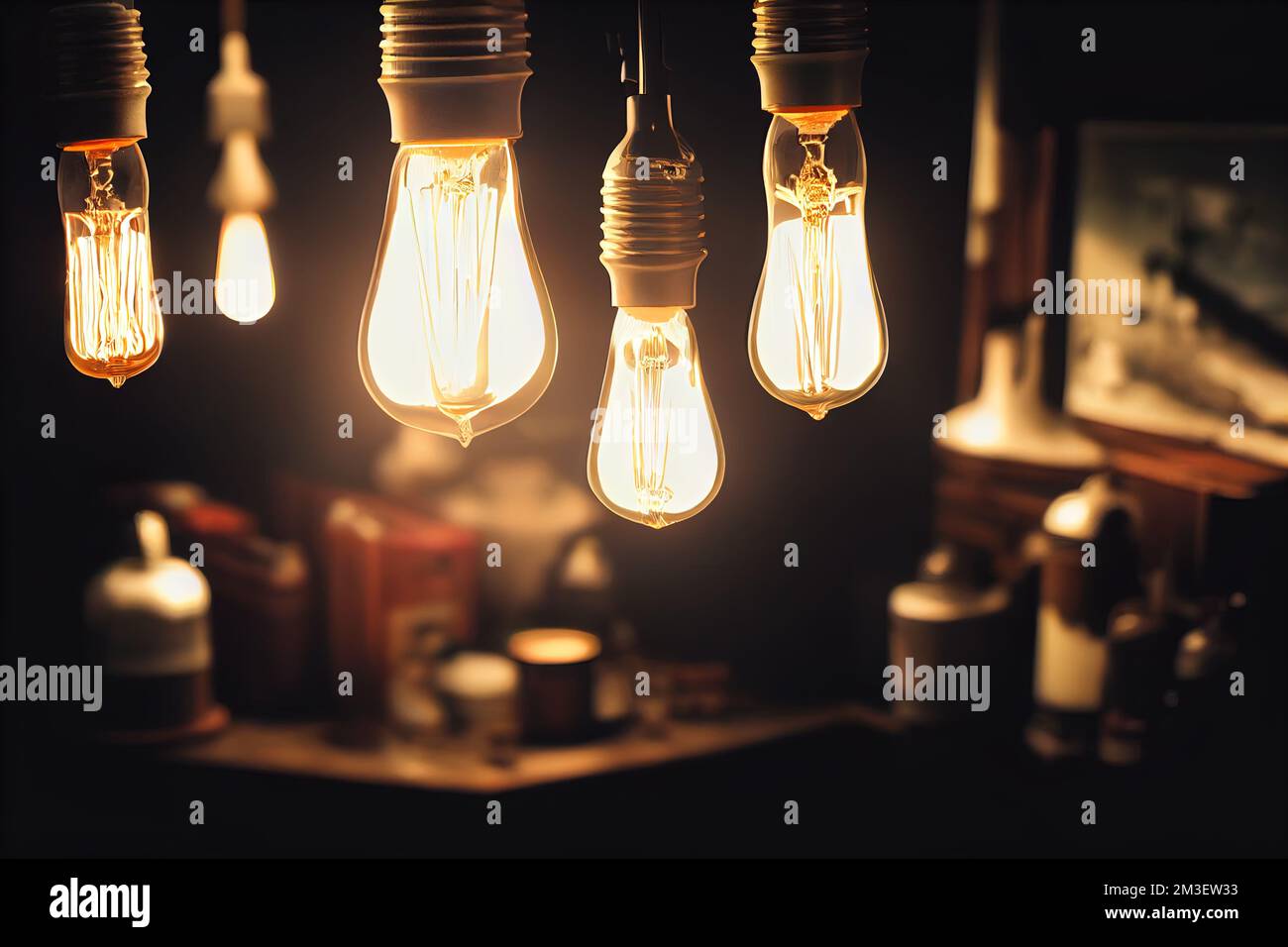 a bunch of light bulbs hanging from a ceiling in a room with other ...