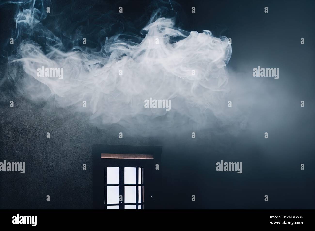 a window with smoke coming out of it in a dark room with a window sill ...