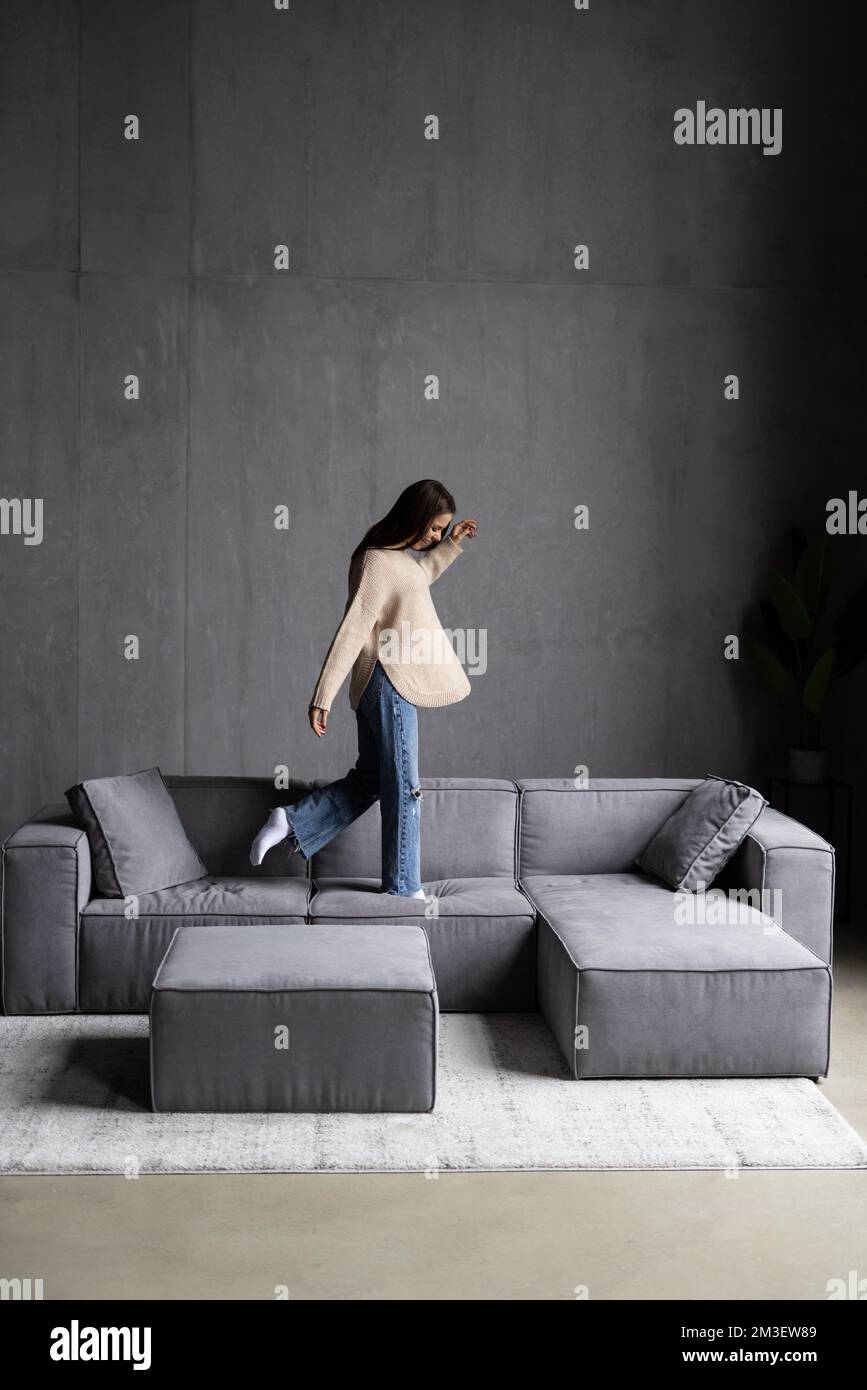 Full body beautiful woman meloman in casual clothes and wireless ...