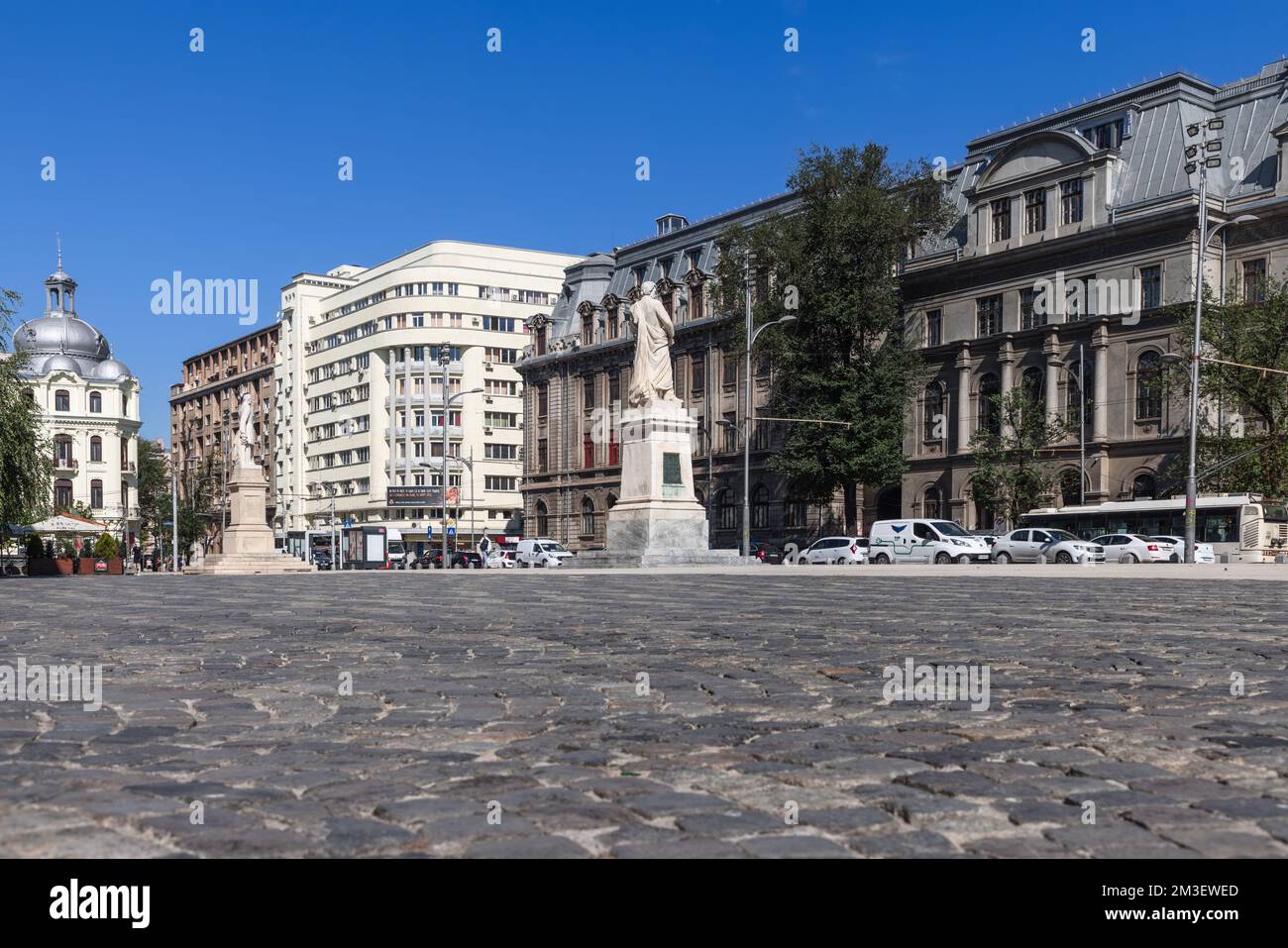 Bucharest - Romania, July 15, 2022. Cobbled University Square and ...
